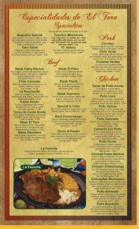 Menu at El Toro pub & bar, Dayton, Harshman Rd