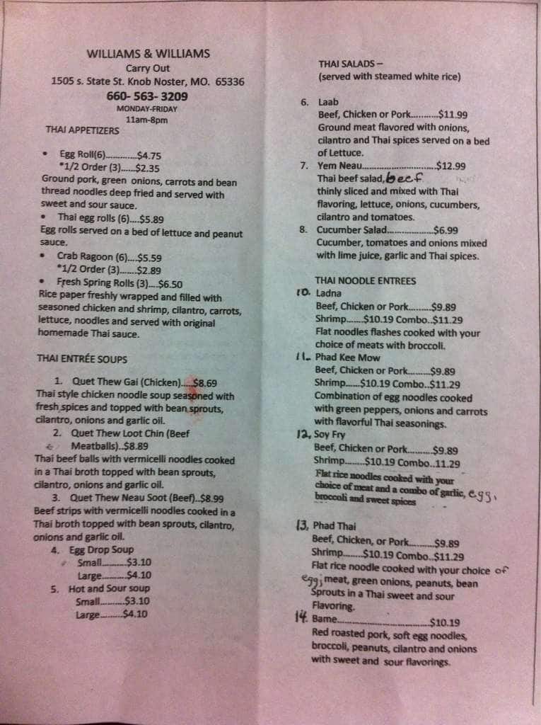 Menu at Williams & Williams Carryout restaurant, Knob Noster