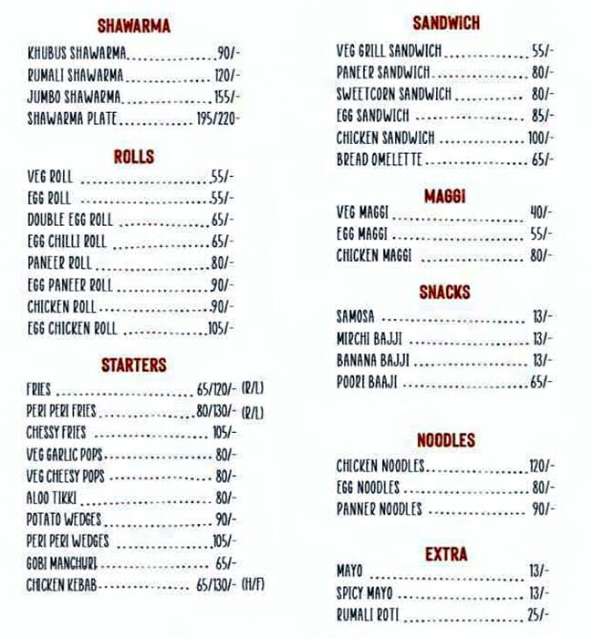 Menu at The Rolls Bay, Bengaluru