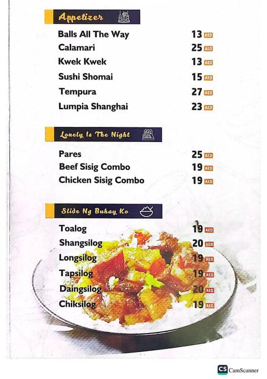 Menu of Pinoy Tambayan Restaurant, Al Barsha, Dubai