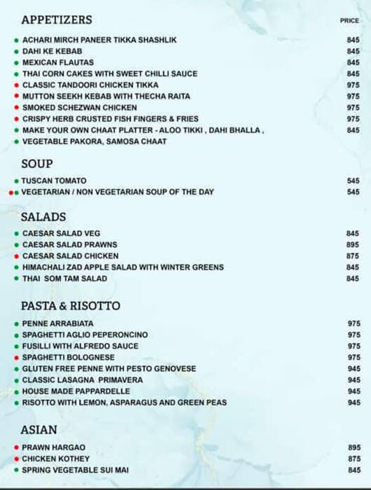 Menu of Mist - The Park, Janpath, New Delhi