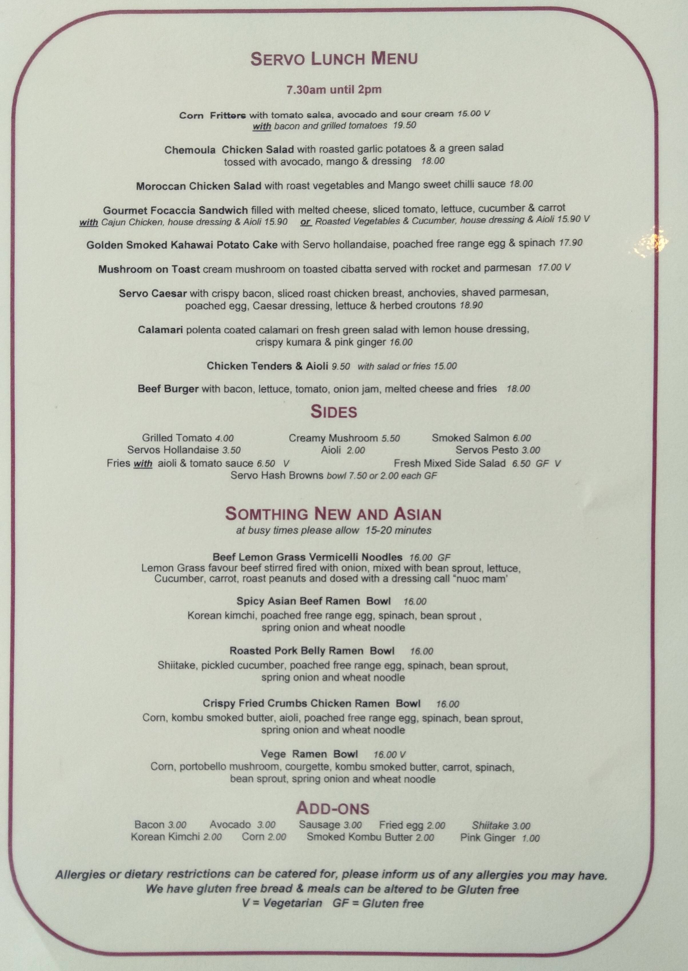 Menu at The Servo Cafe, Auckland