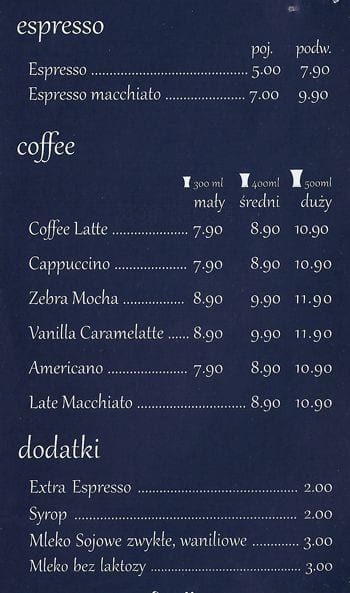 Menu at Camille cafe, Warsaw