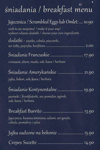 Menu at Camille cafe, Warsaw