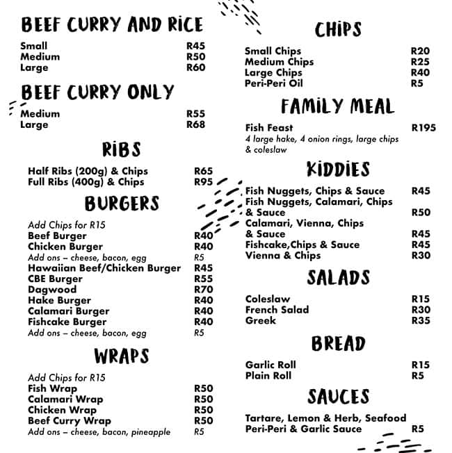 Menu at Mac's Fish & Chips, Richards Bay