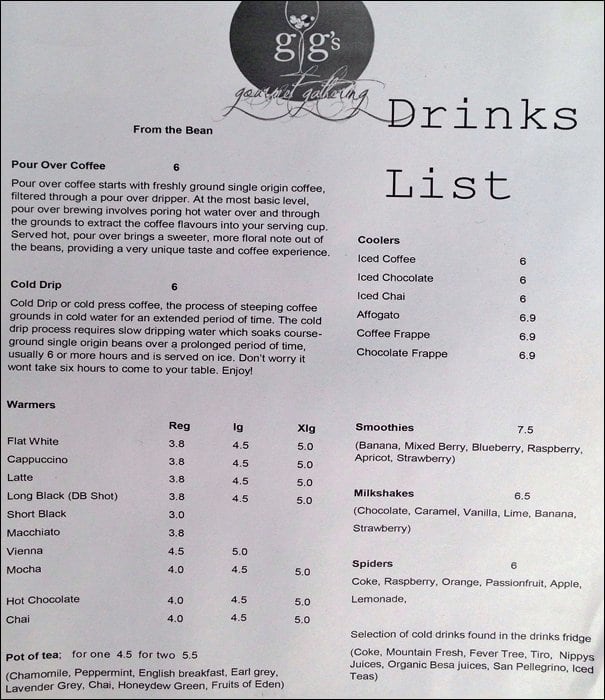 Menu at GG's Cafe Dulwich, Dulwich, 68 Dulwich Ave