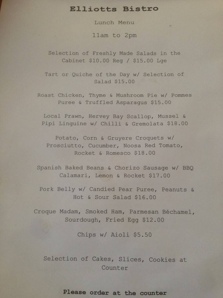 Menu at Elliott's Bistro restaurant, Alexandra Headland