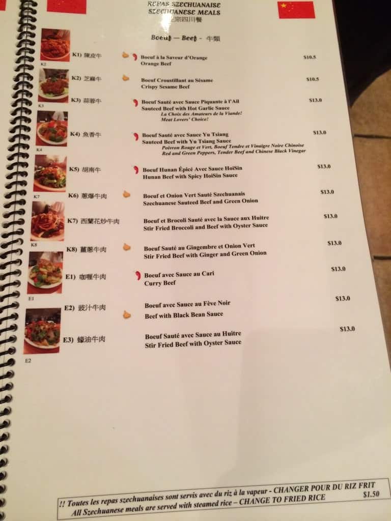 Menu au Bol d'Or restaurant, Brossard