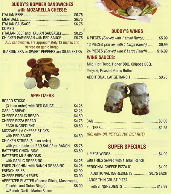 Menu at Buddy's Pizza pizzeria, Burbank