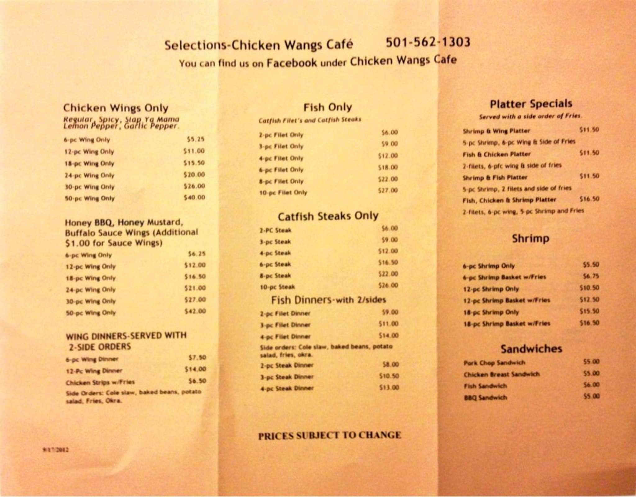 Menu at Chicken Wangs Cafe, Little Rock, Colonel Glenn Rd
