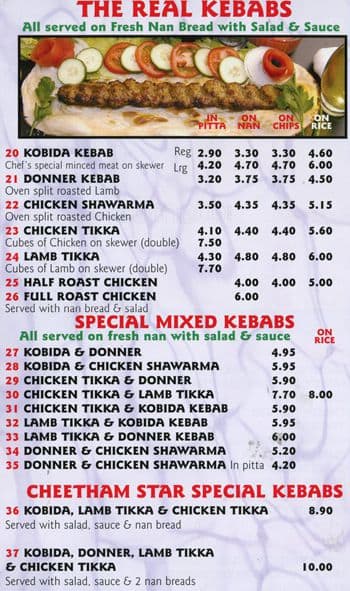 Menu at Cheetham Star restaurant, Manchester