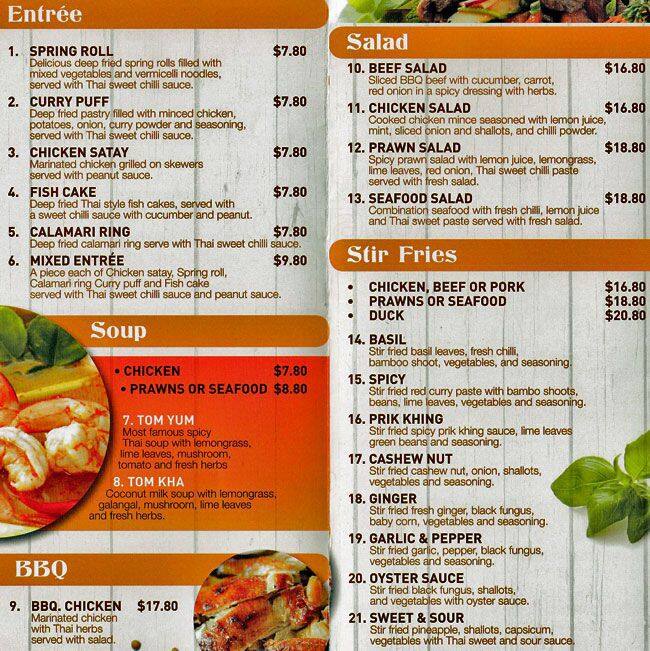 Menu at Silver Thai restaurant, Burleigh Heads