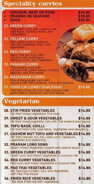 Menu at Silver Thai restaurant, Burleigh Heads