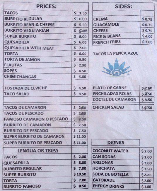 Menu at La Penca Azul Taco Truck restaurant, Oakland, 720 High St