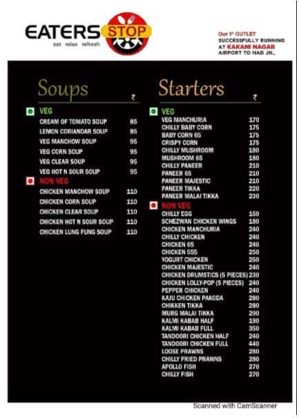 Menu of Eaters Stop, Nad Junction, Vizag