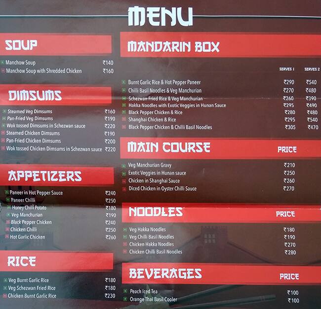 Menu at Mandarin Oak- The Heavenly Chinese, New Delhi