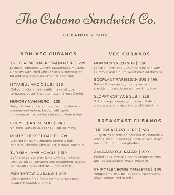 Menu of The Cubano Sandwich Co., Sarjapur Road, Bangalore