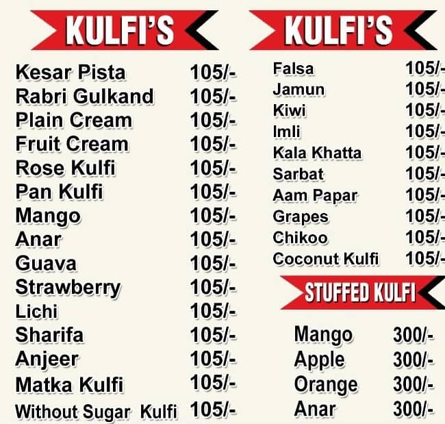 Menu of Kuremal Kulfi, Pitampura, New Delhi