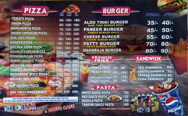 Menu of Tip Top Pizza Burger Point, Rohini, New Delhi