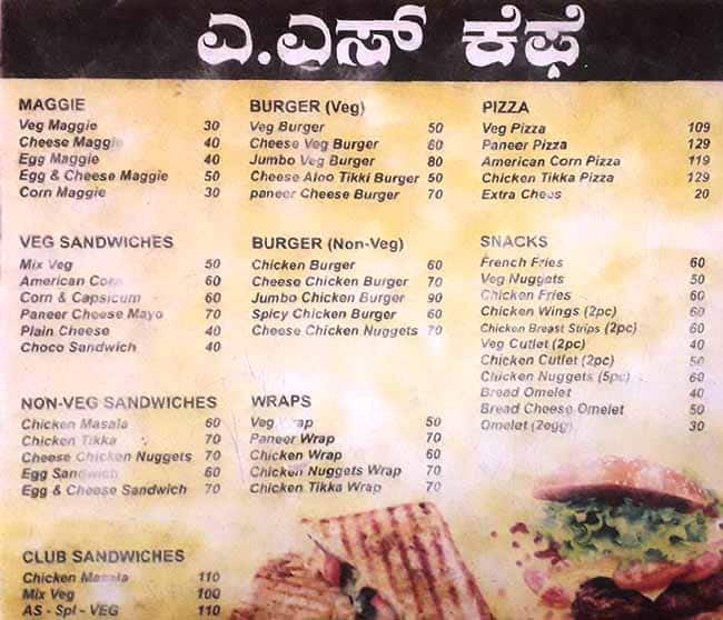 Menu of A.S Cafe, Jakkur, Bangalore
