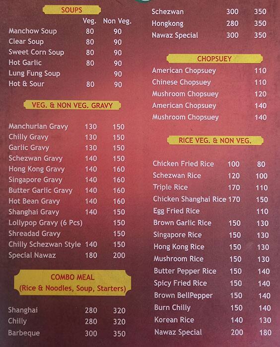 Menu of Nawaz Chinese, Mira Road, Mumbai