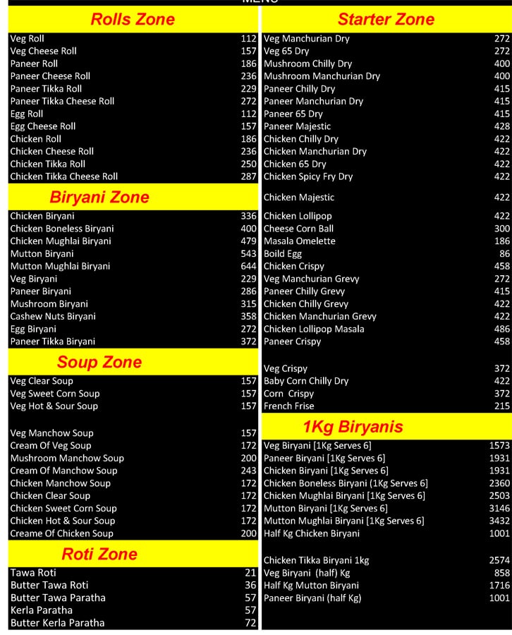 Menu of Roll Zone Biryani's, Lonavala, Pune