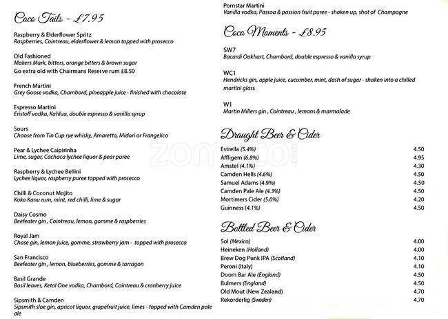 Menu at Coco Momo cafe, London, 79 Marylebone High St