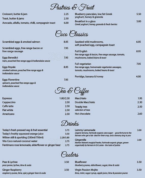 Menu at Coco Momo cafe, London, 79 Marylebone High St