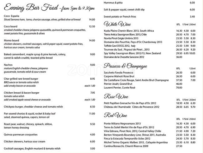 Menu at Coco Momo cafe, London, 79 Marylebone High St