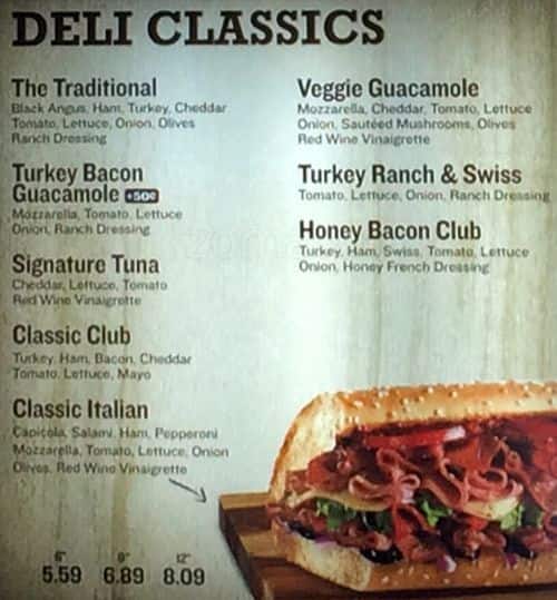Menu at Quiznos fast food, Whitby, Dundas St E