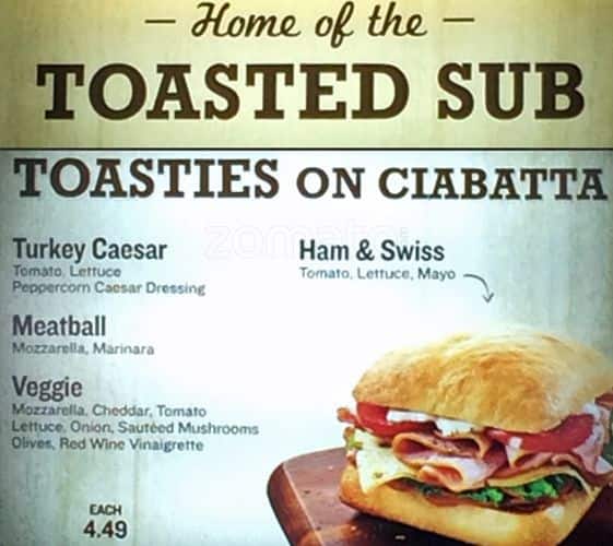 Menu at Quiznos fast food, Whitby, Dundas St E