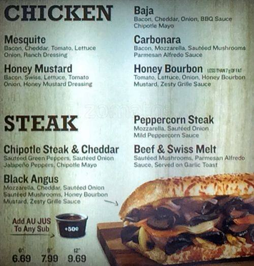Menu at Quiznos fast food, Whitby, Dundas St E