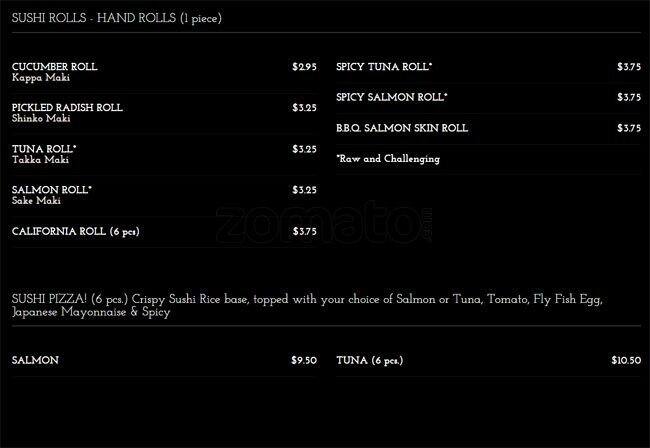 Menu at Memories of Japan restaurant, Toronto