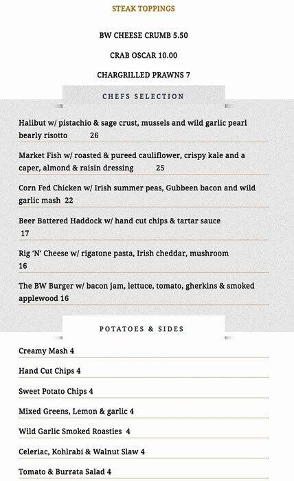 Menu at Brookwood Dublin steakhouse, Dublin, 141 Baggot Street Lower