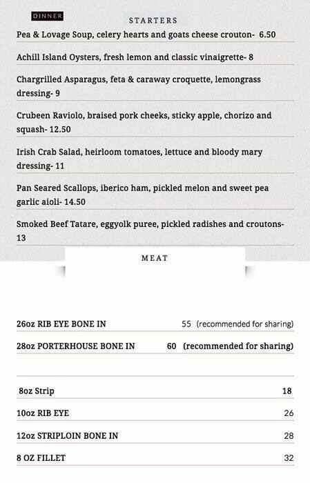 Menu at Brookwood Dublin steakhouse, Dublin, 141 Baggot Street Lower