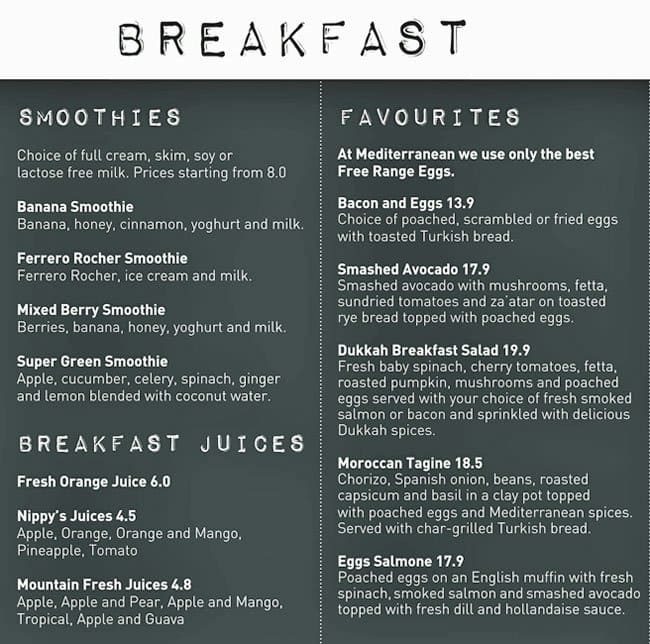 Menu at Mediterranean Cafe Ristorante, Glenelg South