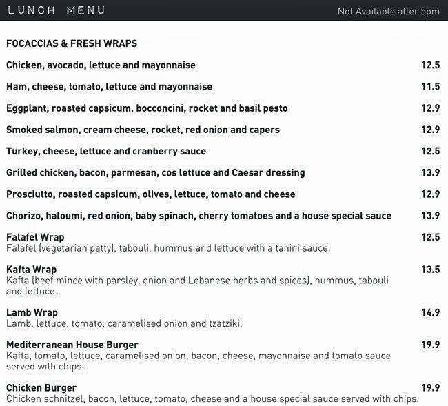 Menu at Mediterranean Cafe Ristorante, Glenelg South