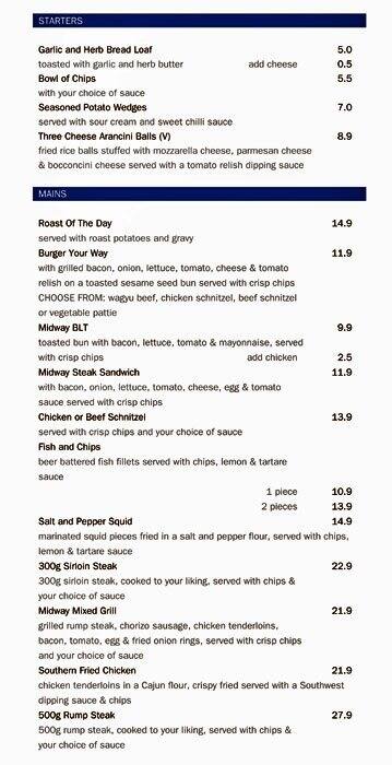 Menu at midway tavern restaurant, Rosewater