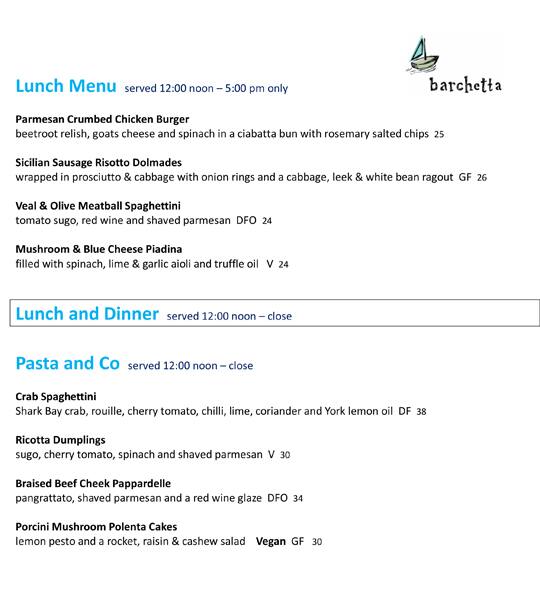 Menu at Barchetta, Cottesloe