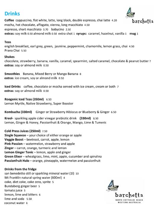 Menu at Barchetta, Cottesloe