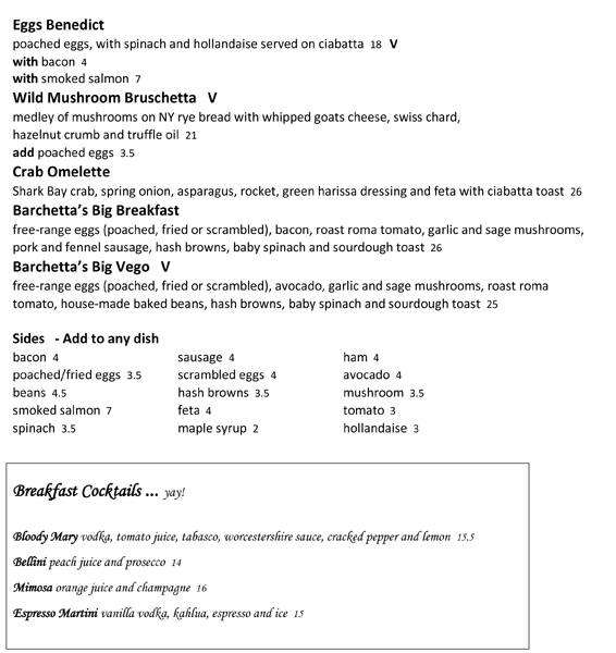 Menu at Barchetta, Cottesloe