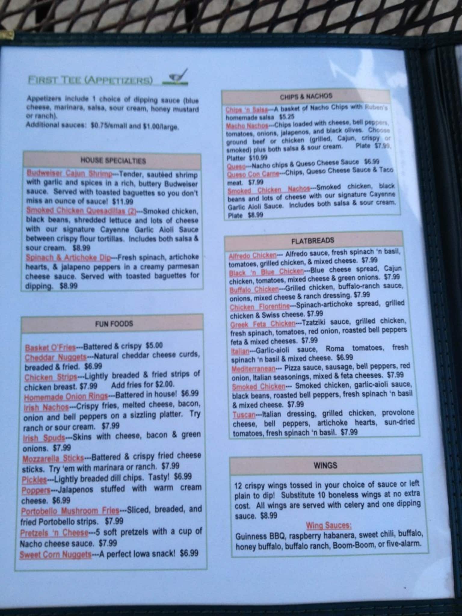 Menu at Mulligan's Pub, Cedar Rapids