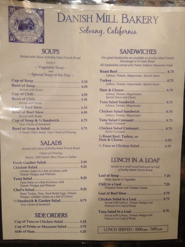 Menu at Danish Mill Bakery Inc, Solvang