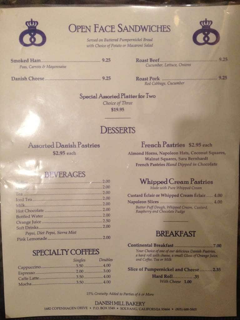 Menu at Danish Mill Bakery Inc, Solvang