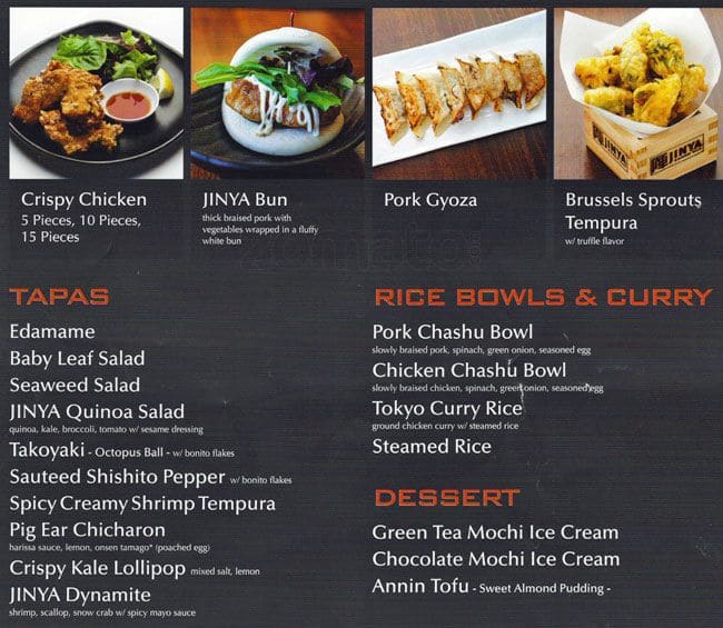 Menu at Jinya Ramen Bar, Chicago