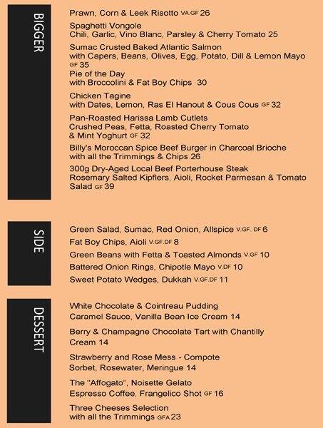 Menu at Billy's Bistro and Bar, Ballarat Central