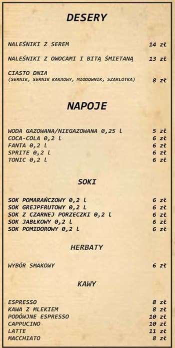 Menu at Restauracja "U Lotników" restaurant, Warsaw