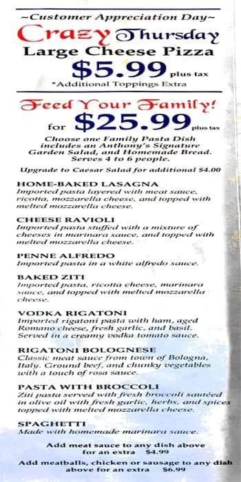 Menu at Anthony's Pizza pizzeria, Front Royal