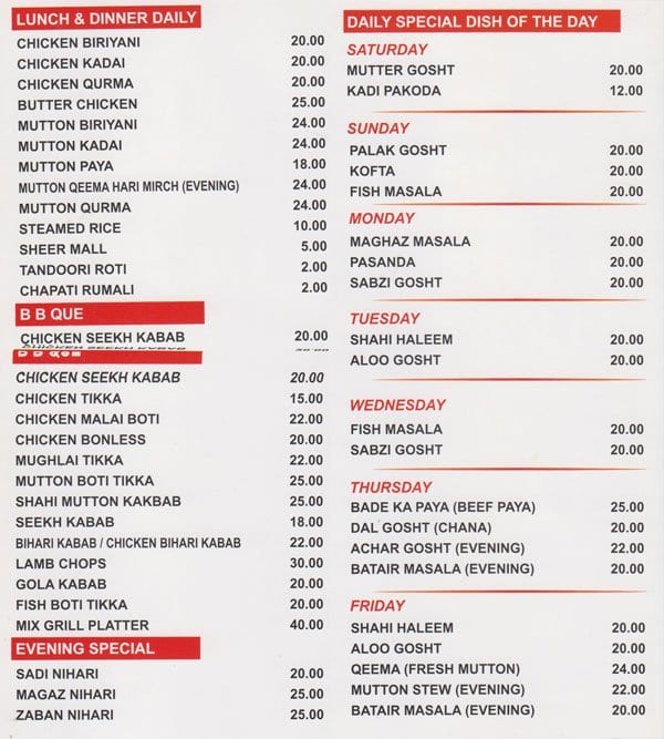 Menu of Daily Restaurant, Al Karama, Dubai