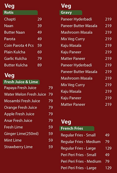 Menu of Wild Wings, HSR, Bangalore